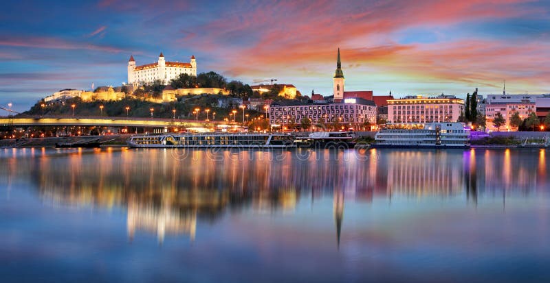 Sunset in Bratislava with Danube River, Slovakia Stock Photo - Image of fortification, landscape ...