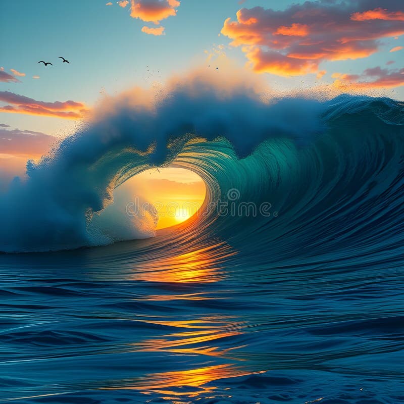 Sunset on Breaking Hollow Wave Birds and Clouds Sky AI Generated Stock ...