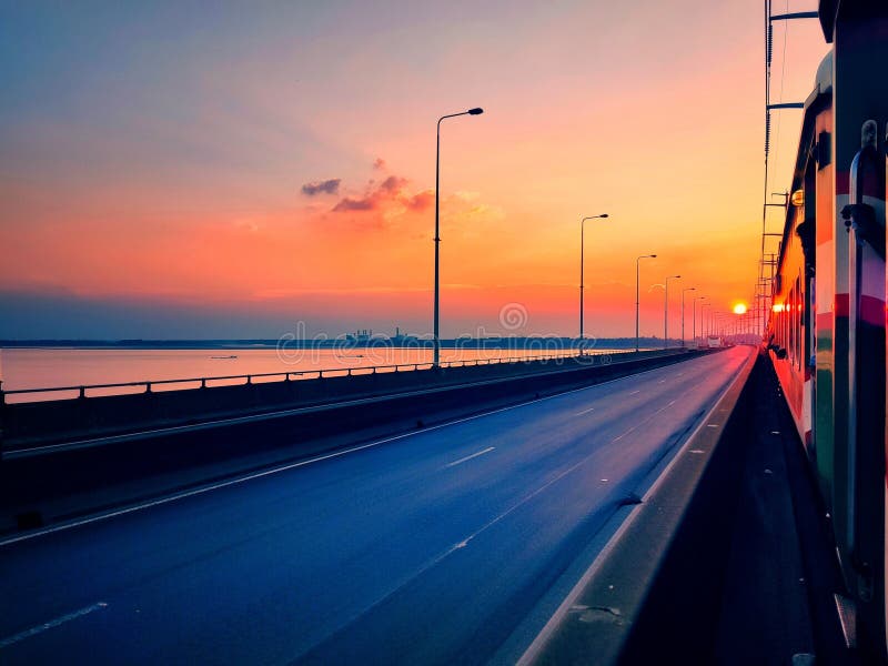 Sunset on the Bridge, Countryside View from Train Stock Image - Image ...