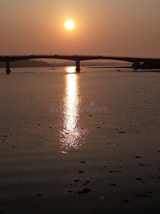 Sunset Bridge River Reflection Calm Stock Image - Image of design ...