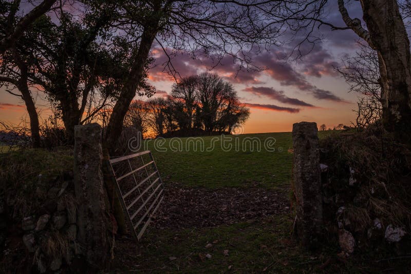 A Springtime Sunset at the Farm Stock Image - Image of gate, england ...