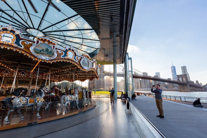 Sunset of the Brooklyn Bridge and Jane`s Carousel Editorial Stock Image ...