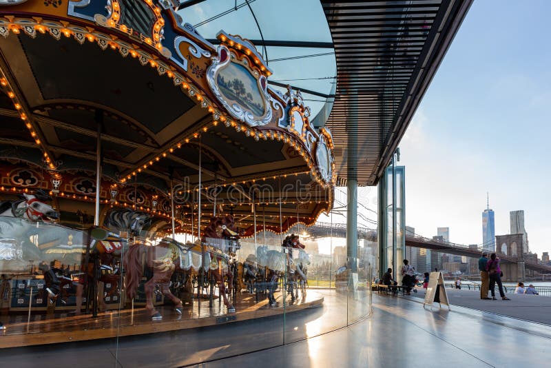 Sunset of the Brooklyn Bridge and Jane`s Carousel Editorial Image ...