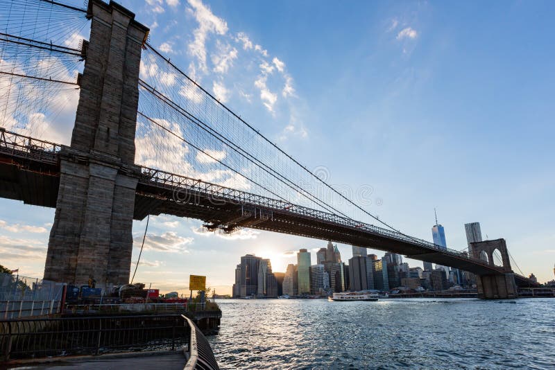 Sunset of the Brooklyn Bridge and New York City Skyline Stock Image ...
