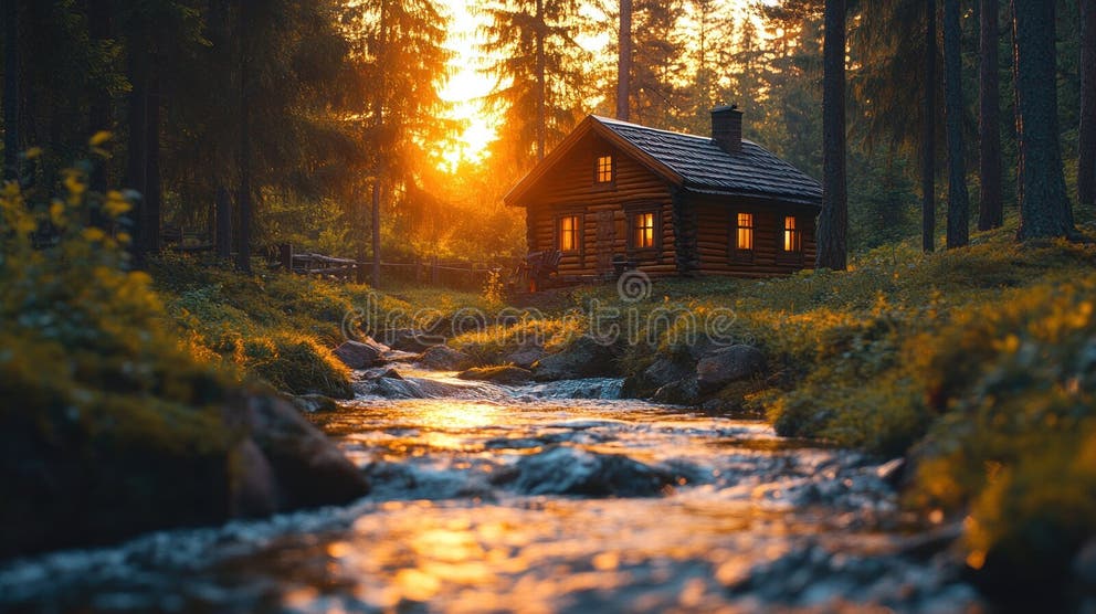 Sunset Cabin Stream Forest Idyll Stock Illustration - Illustration of ...
