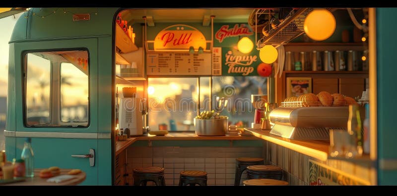 Sunset Cafe Interior with Retro Vibes Stock Illustration - Illustration ...
