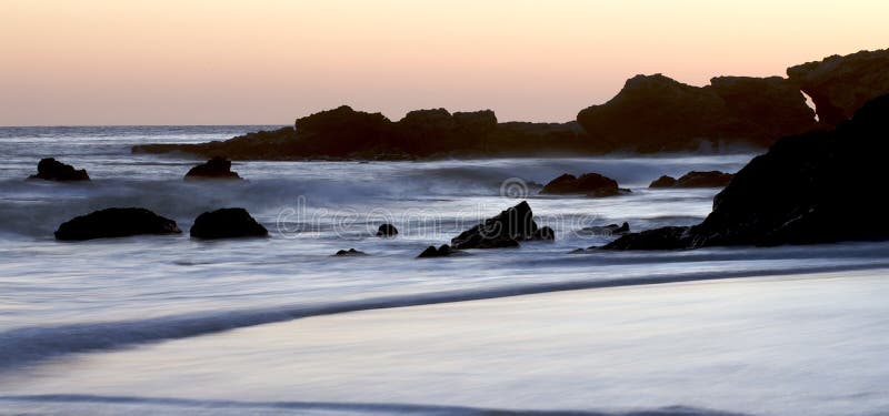 Sunset on California Beach Rocks and Cliffs Stock Image - Image of ...