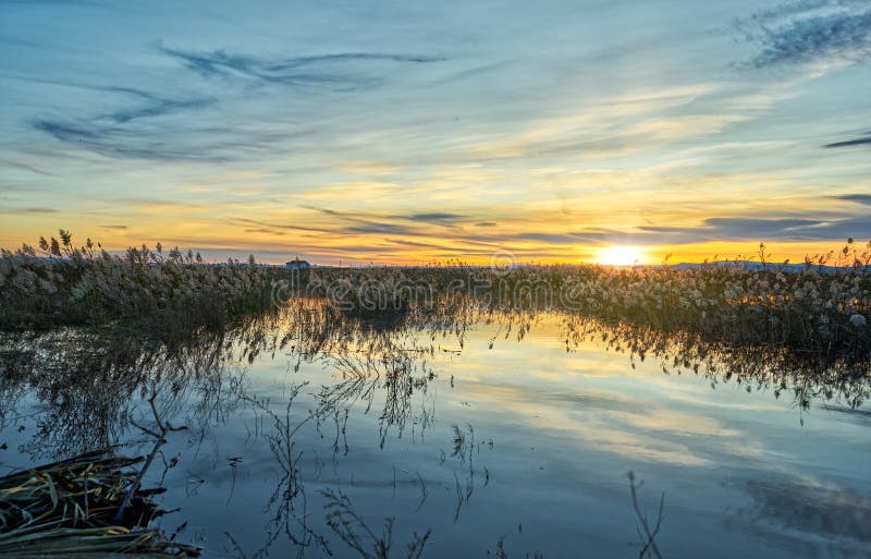 Sunset in the Calm Waters of the Albufera De Valencia, Spain Stock ...