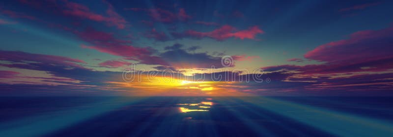 Sunset Calmly Sea Sun Ray 3d Render Stock Illustration - Illustration ...