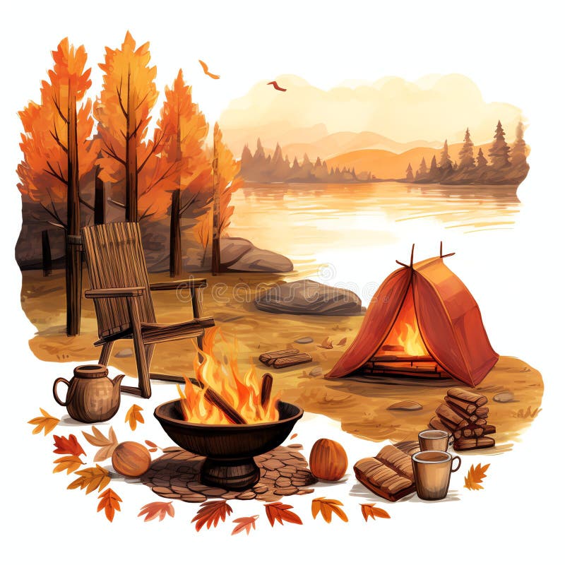 Sunset Campfire Autumn Fall Watercolor Illustration Stock Illustration ...