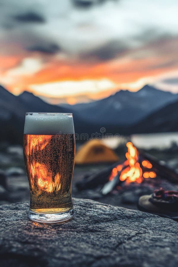 Sunset Campfire with Beer in the Wilderness Stock Illustration ...