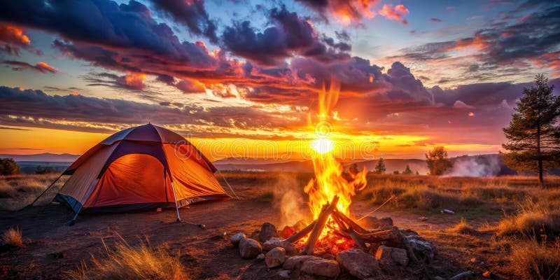 Sunset Campfire and Tent in a Mountain Meadow. Generative AI Stock ...