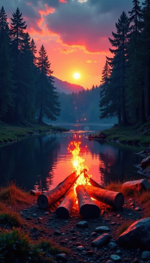 Sunset Campfire by Tranquil River, Forest Backdrop, Shadow, Firelight ...