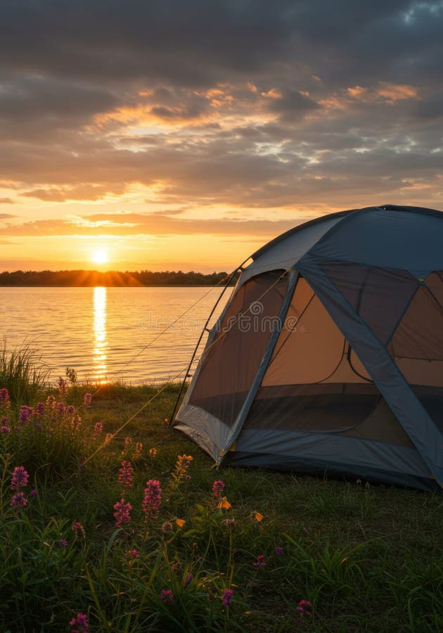 Sunset Camping Scene by a Calm Lake Stock Image - Image of solitude ...