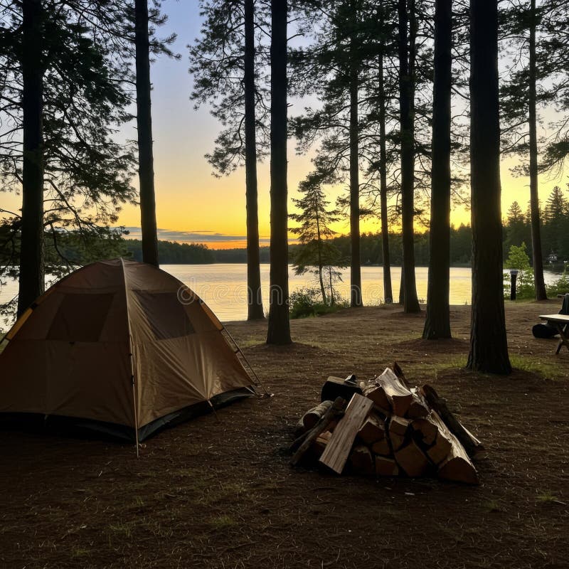 Sunset Camping Scene at Lakeside Forest Stock Illustration ...