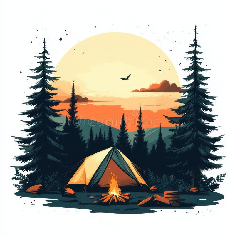 Sunset Camping Scene Tent Fire Pines Wilderness Adventure Stock ...