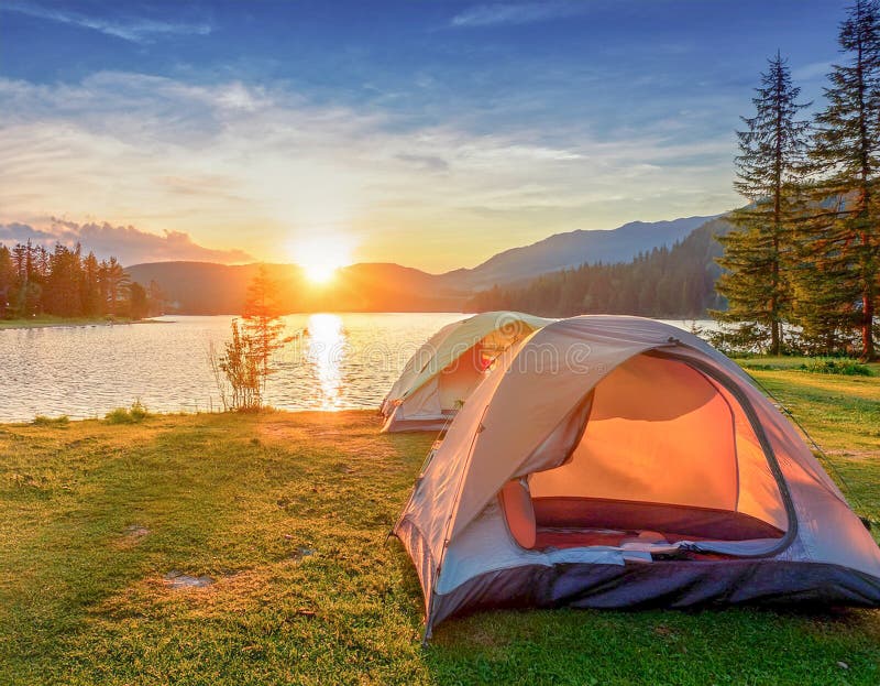 Sunset at Campsite Next To Lake Stock Image - Image of recreation ...