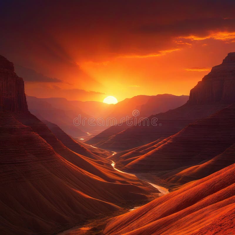 Sunset in the Canyon Land Created Using Stylized Stock Illustration ...