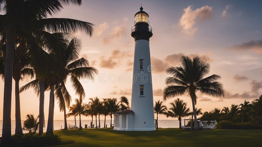 At Sunset Cape Lighthouse, Key Biscayne, Stock Illustration ...