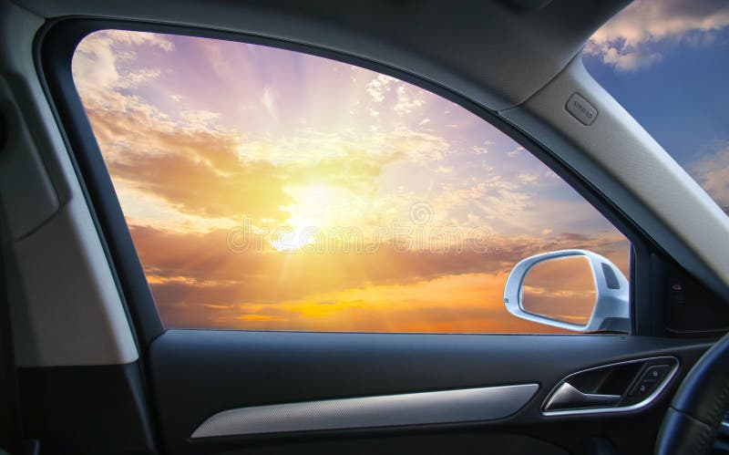 Sunset in mirror of car stock image. Image of light, landscape - 26635809