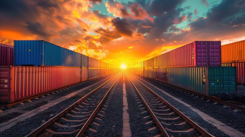 Sunset Cargo: Rail Freight Train Transporting Containers for Logistics ...
