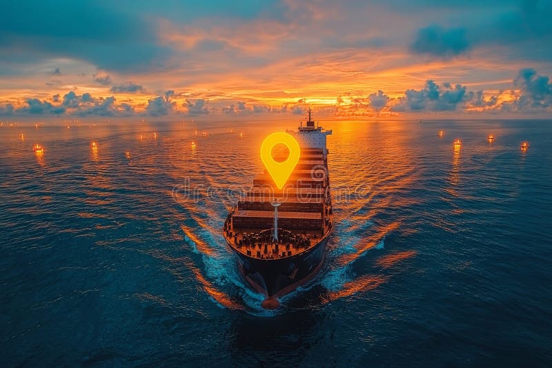 At Sunset, a Cargo Ship Sails Across the Ocean, with a Location Pin ...