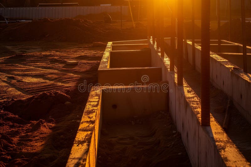 Sunset Casting Long Shadows Across a Construction Foundation Stock ...