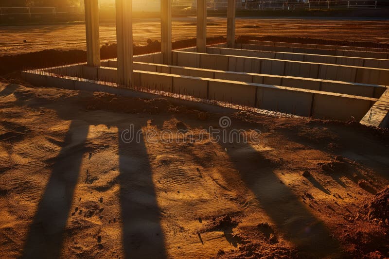 Sunset Casting Long Shadows Across a Construction Foundation Stock ...