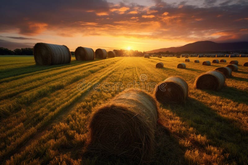 Sunset Casting Warm Light Over a Hay Bale Maze Stock Illustration ...