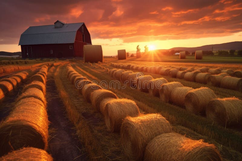 Sunset Casting Warm Light Over a Hay Bale Maze Stock Illustration ...