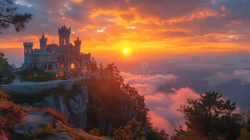 Sunset Castle Clifftop Fantasy Landscape Stock Illustration ...