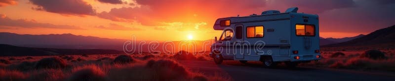 Sunset Casts Long Shadows on RV, Interior Lights Glow , Home, Sunset ...