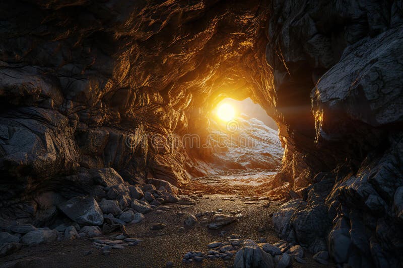Sunset in the Cave with Light Rays Coming through the Rock Stock ...