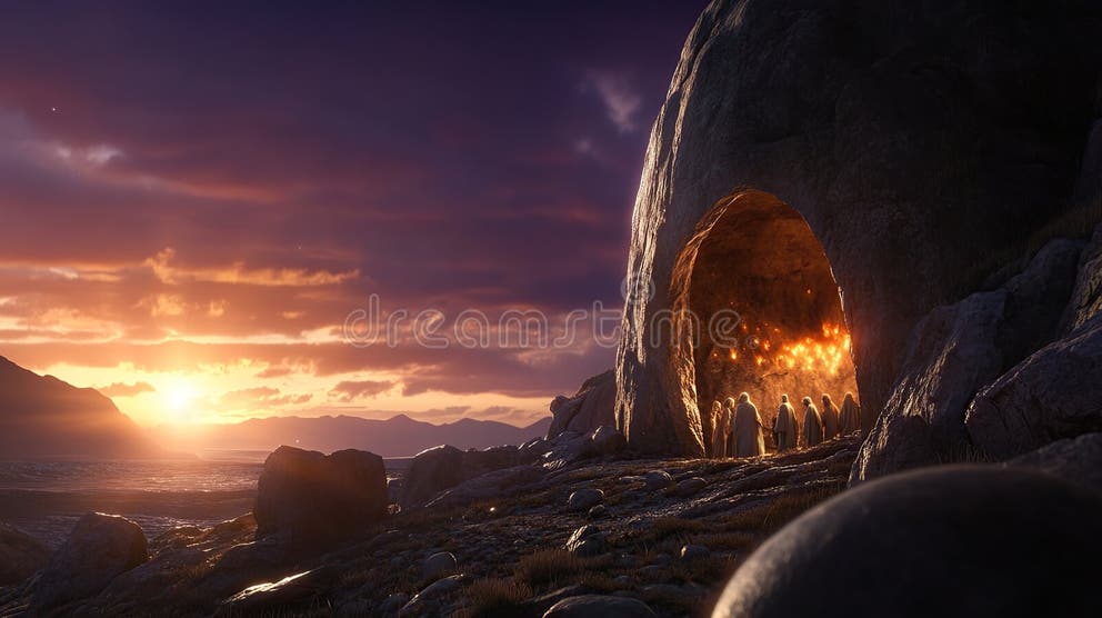 Sunset Cave Ritual Figures Mountain Landscape Stock Image - Image of ...