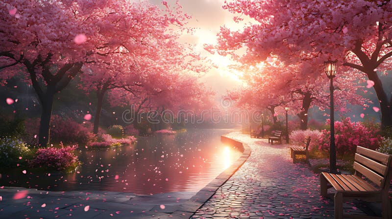 Sunset Cherry Blossom Park Path, Falling Petals, Peaceful Scene Stock ...