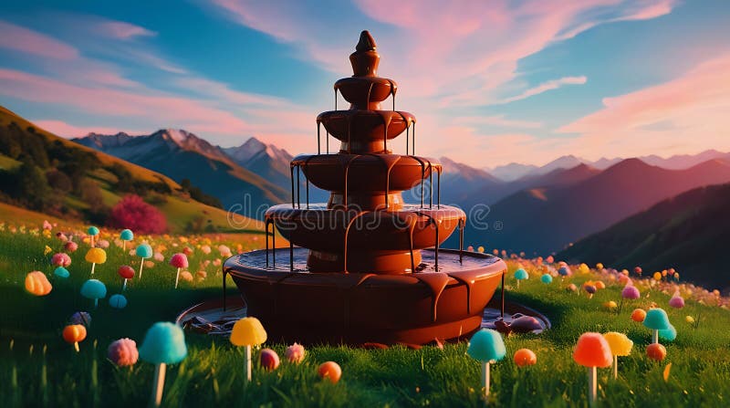 Sunset Chocolate Fountain on a Serene Hillside. Stock Illustration ...