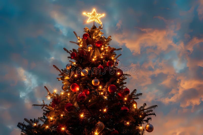 Sunset Christmas Tree: Festive Lights and Ornaments Stock Illustration ...