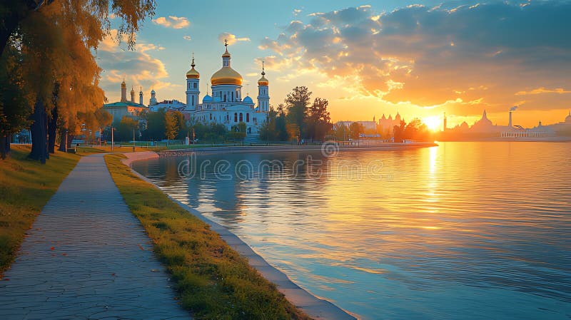 Sunset Church Path River Reflection City Stock Illustration ...