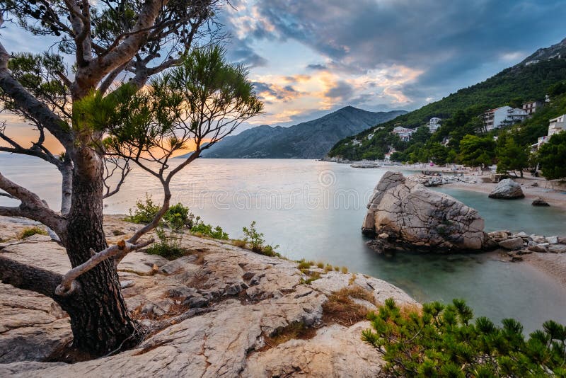 Sunset on the City of Brela in Croatia. a View of the Cliffs, Mountains ...