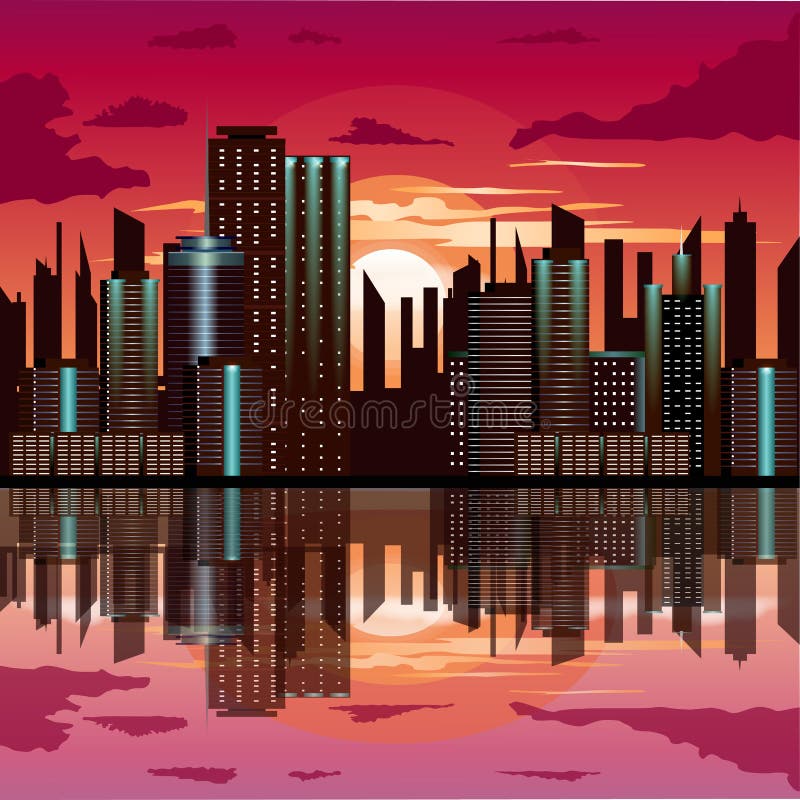 Sunset at City with Building Reflection Stock Vector - Illustration of ...