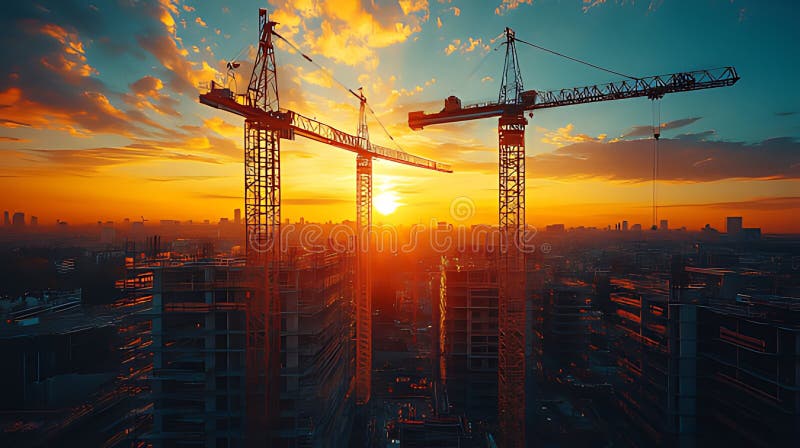 Sunset City Construction Cranes Aerial View Stock Illustration ...