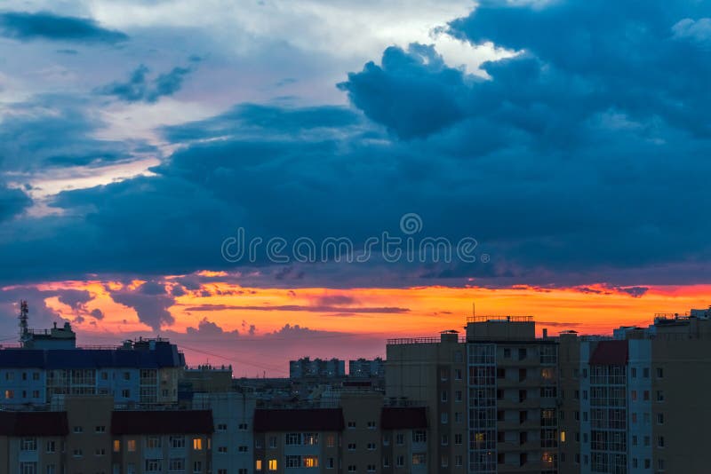 Sunset in the city. stock image. Image of light, colorful - 143289053