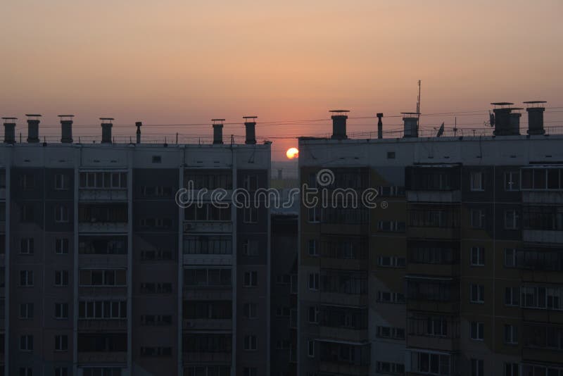 Sunset in the City among High-rise Buildings Stock Photo - Image of ...