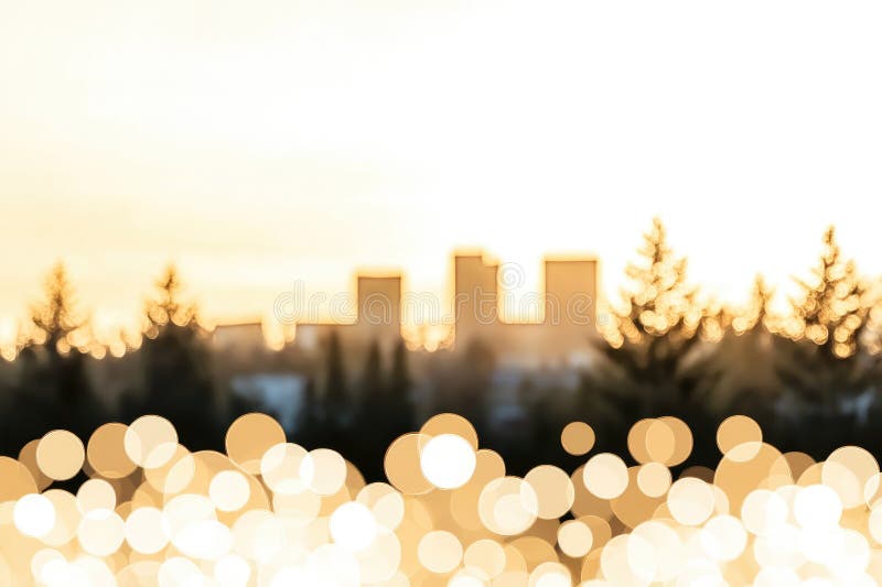 Sunset City Skyline with Bokeh and Pine Trees Silhouette Stock Image ...