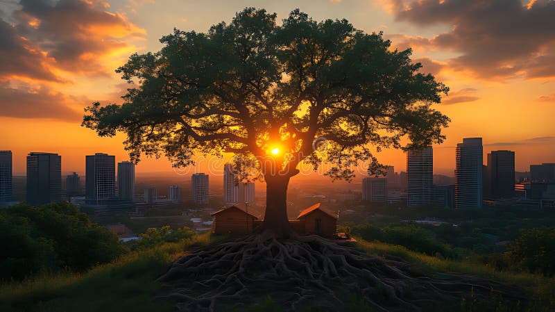 Sunset City Skyline, Tree, Huts, Roots, Hope Stock Illustration ...