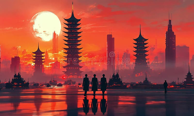 Sunset Cityscape with Asian Architecture Stock Footage - Video of ...