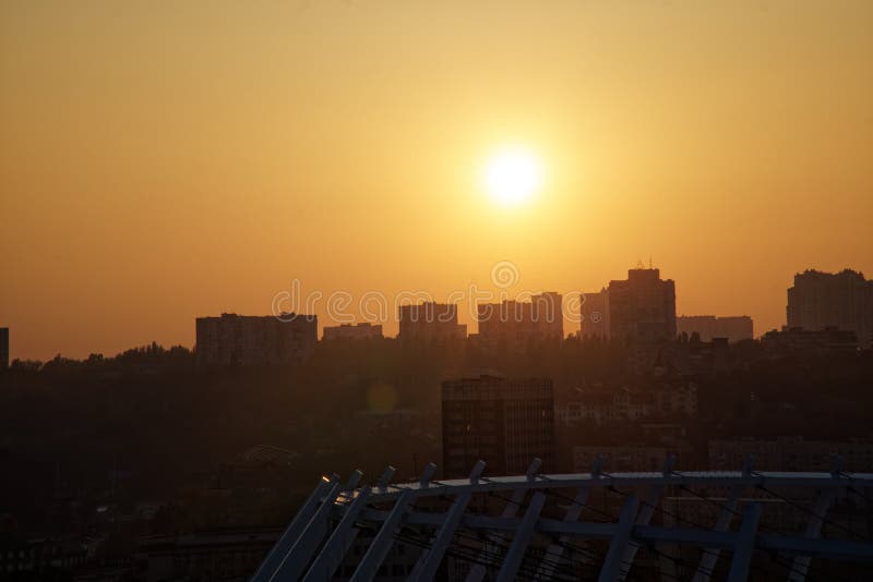 Sunset and Cityscape. Bird`s Eye View of Downtown at Dusk Stock Image ...
