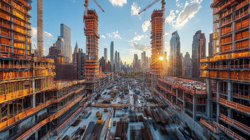 Sunset Cityscape Construction Site with High-rise Buildings Stock ...