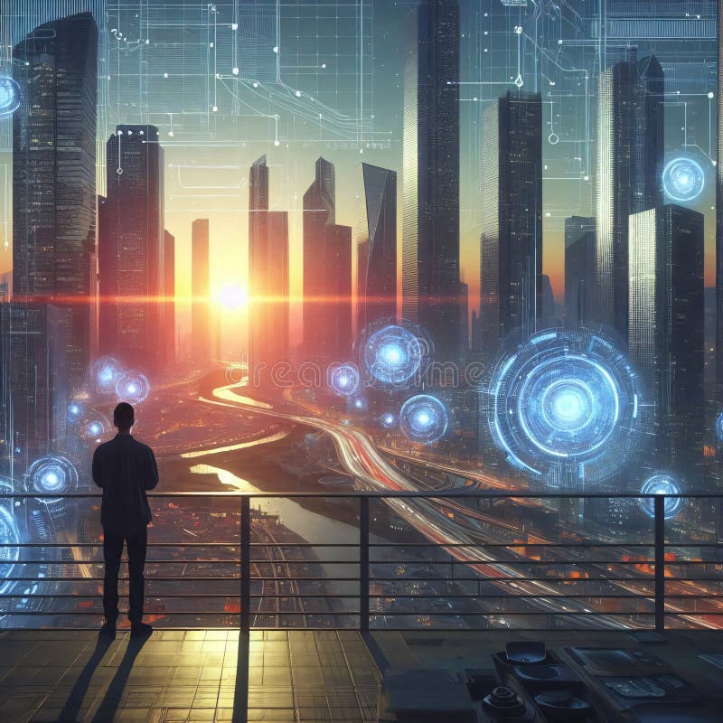 Sunset Cityscape with Futuristic AI Networks and a Lone Observer Stock ...