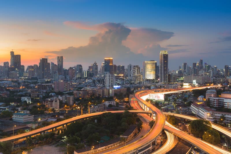 Sunset of Cityscape with Highway Interchange Overpass Stock Image ...